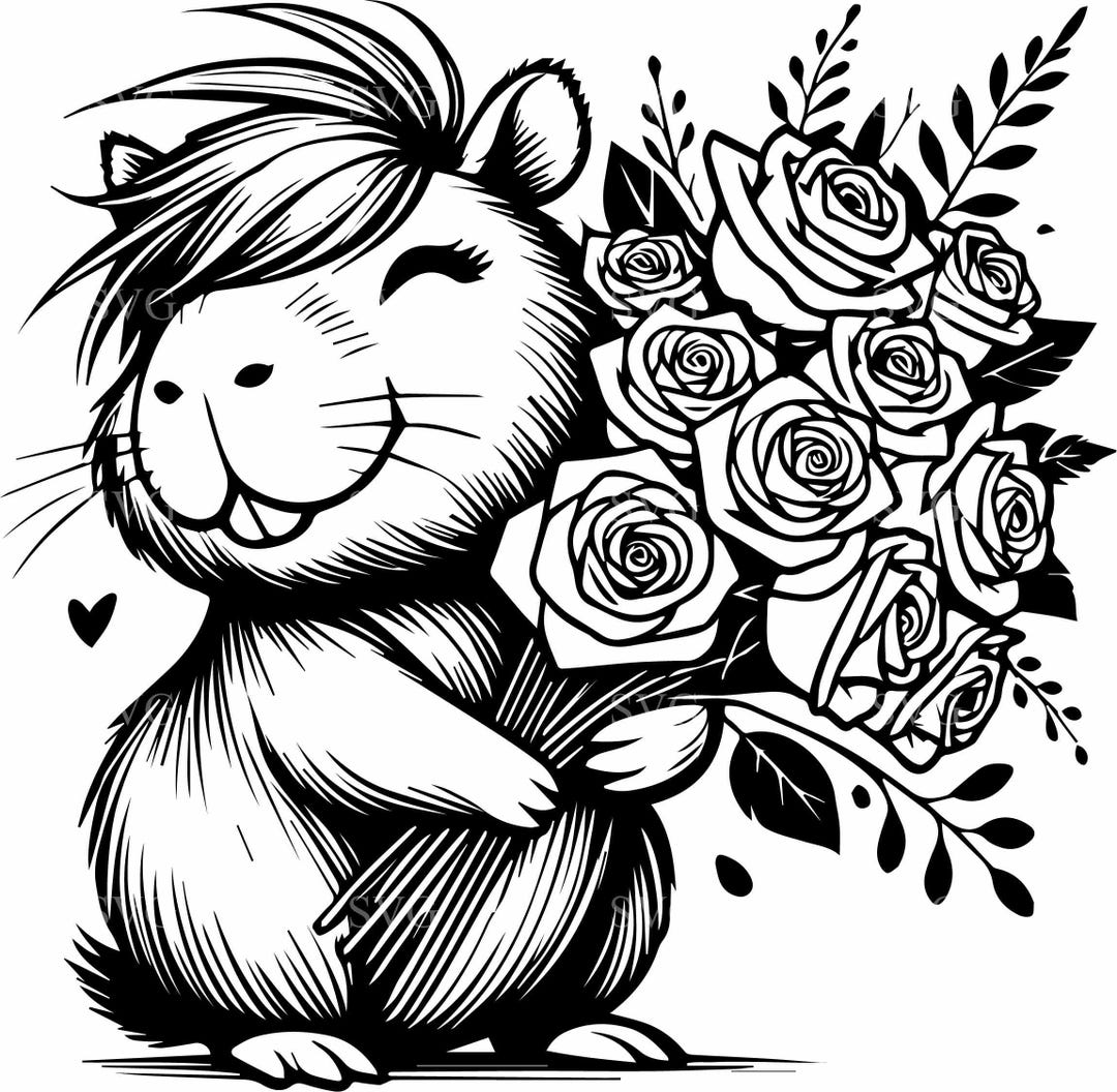4 Capybara With Roses SVG, 4 Cute Animal Holding Floral Bouquet Cut ...