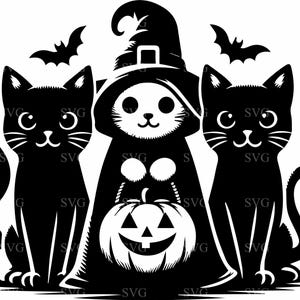 5 Halloween Cats SVG, Cute Witch Cats With Pumpkins Cut File, Trick or ...