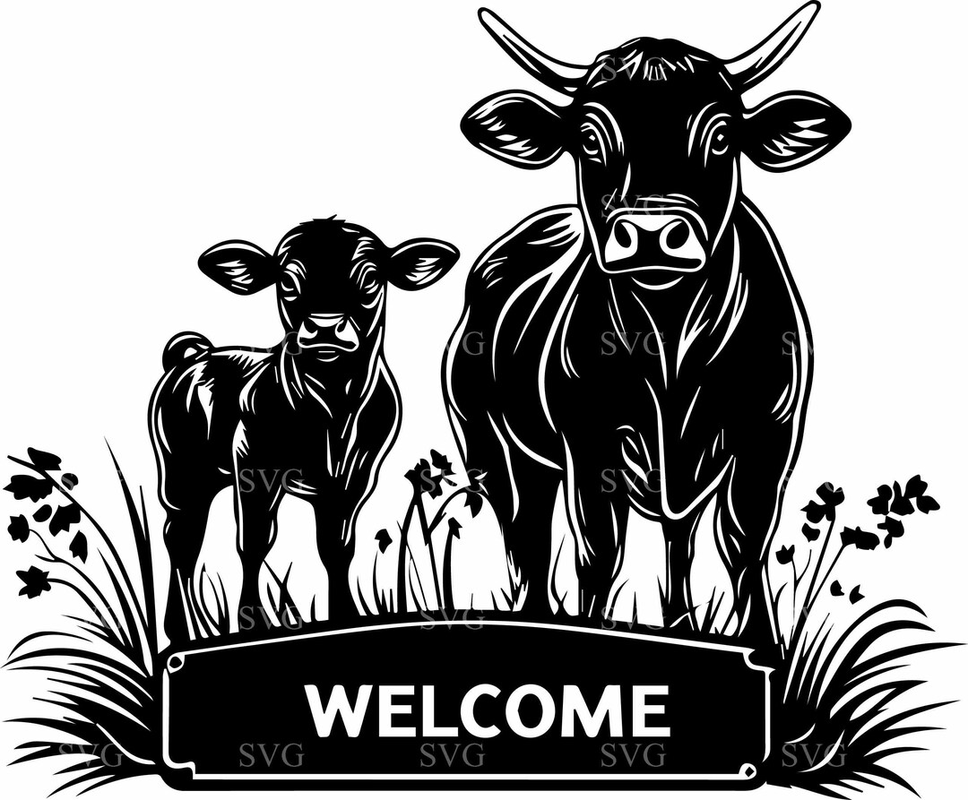 8 Farm Welcome Sign SVG, 8 Cow and Calf Silhouette Cut File, Rustic ...