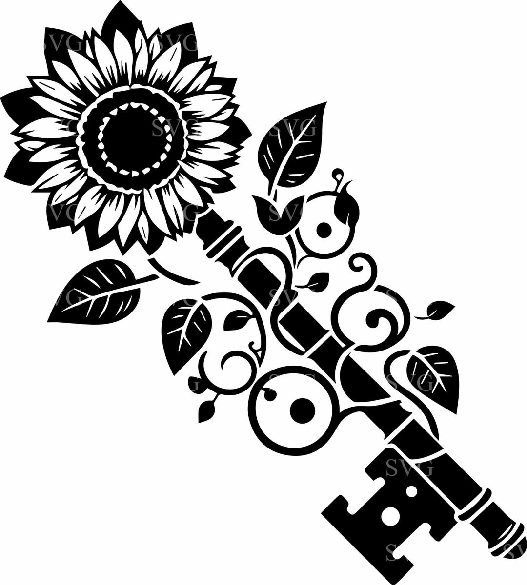 Sunflower Key SVG 6 Cut File - Ornate Vintage Key With Floral Vines ...