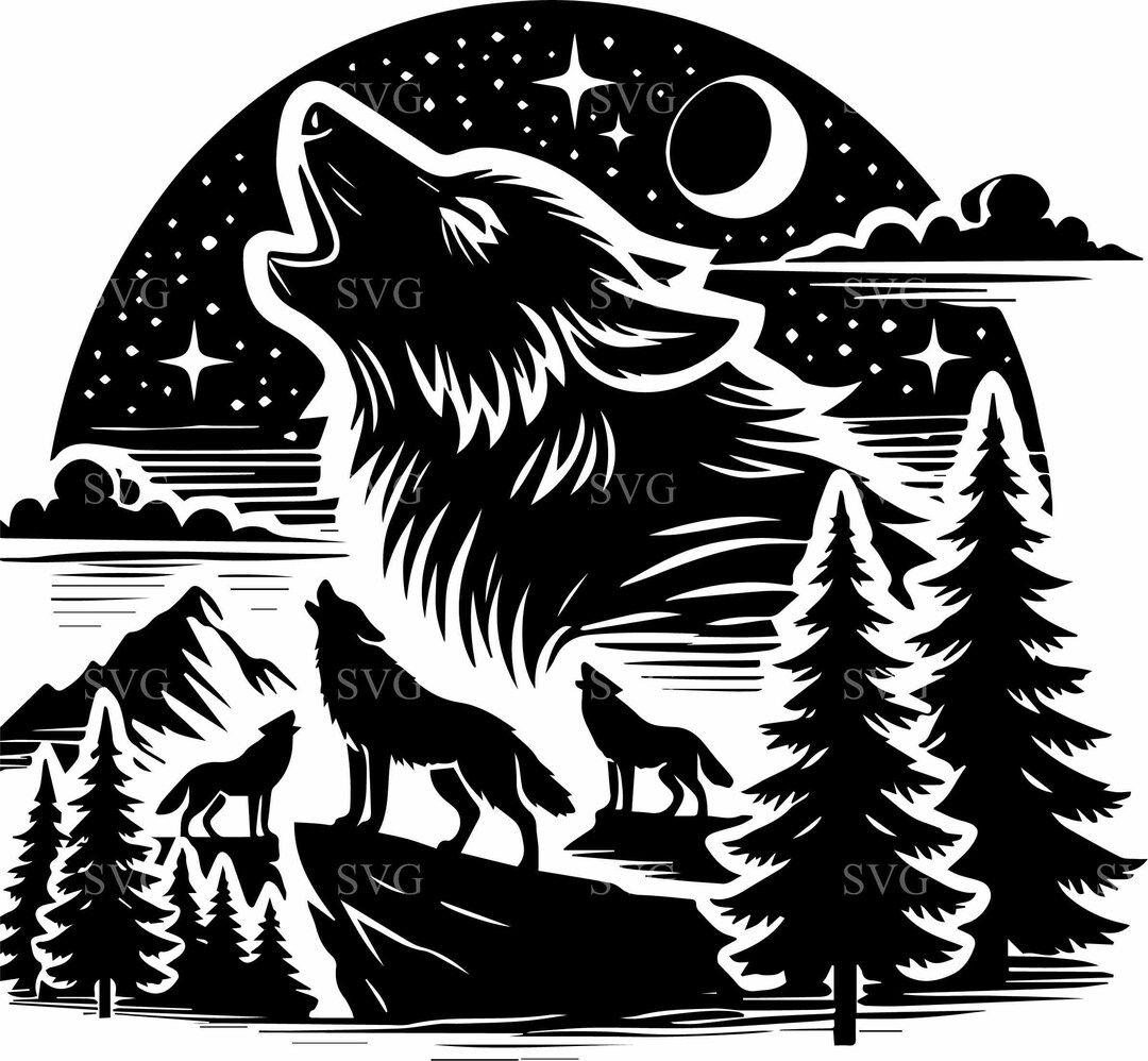 Howling Wolf Silhouette SVG 6 Cut File - Forest and Night Sky Scene ...