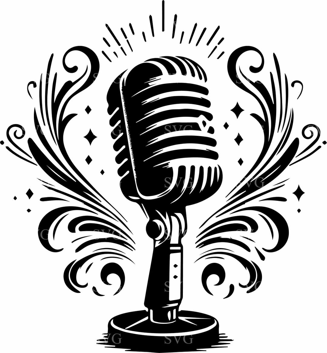 Vintage Microphone SVG 4 Cut File, Retro Mic With Swirls and Sparkles ...
