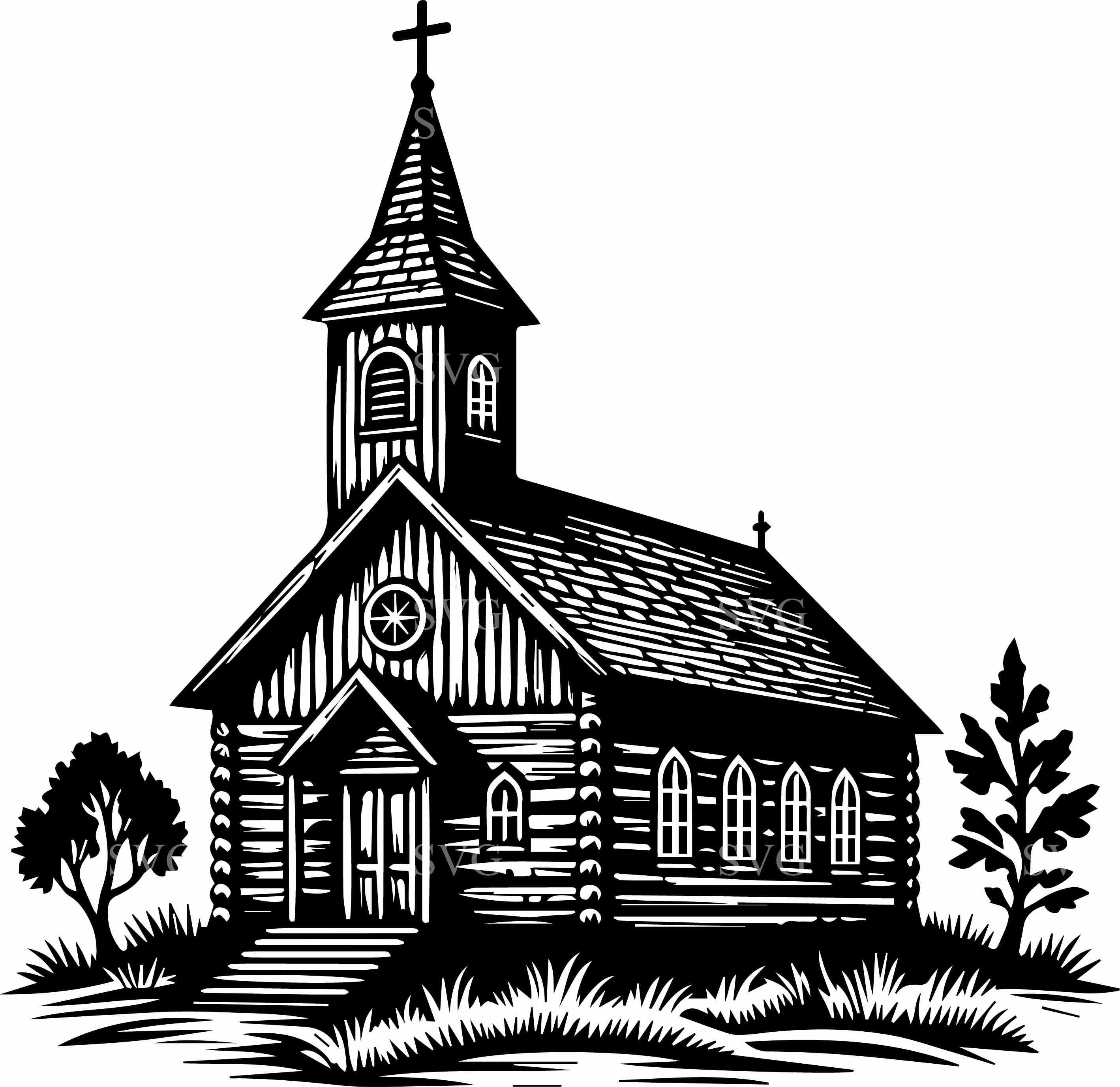 5 Rustic Church SVG Cut File, 5 Vintage Chapel Scene Vector for Cricut ...