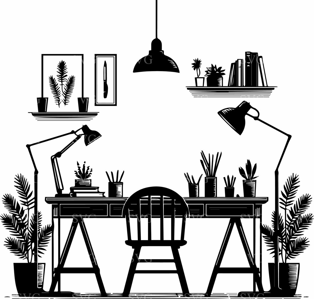 5 Home Office SVG | Modern Desk Setup Cut File With Computer, Books ...