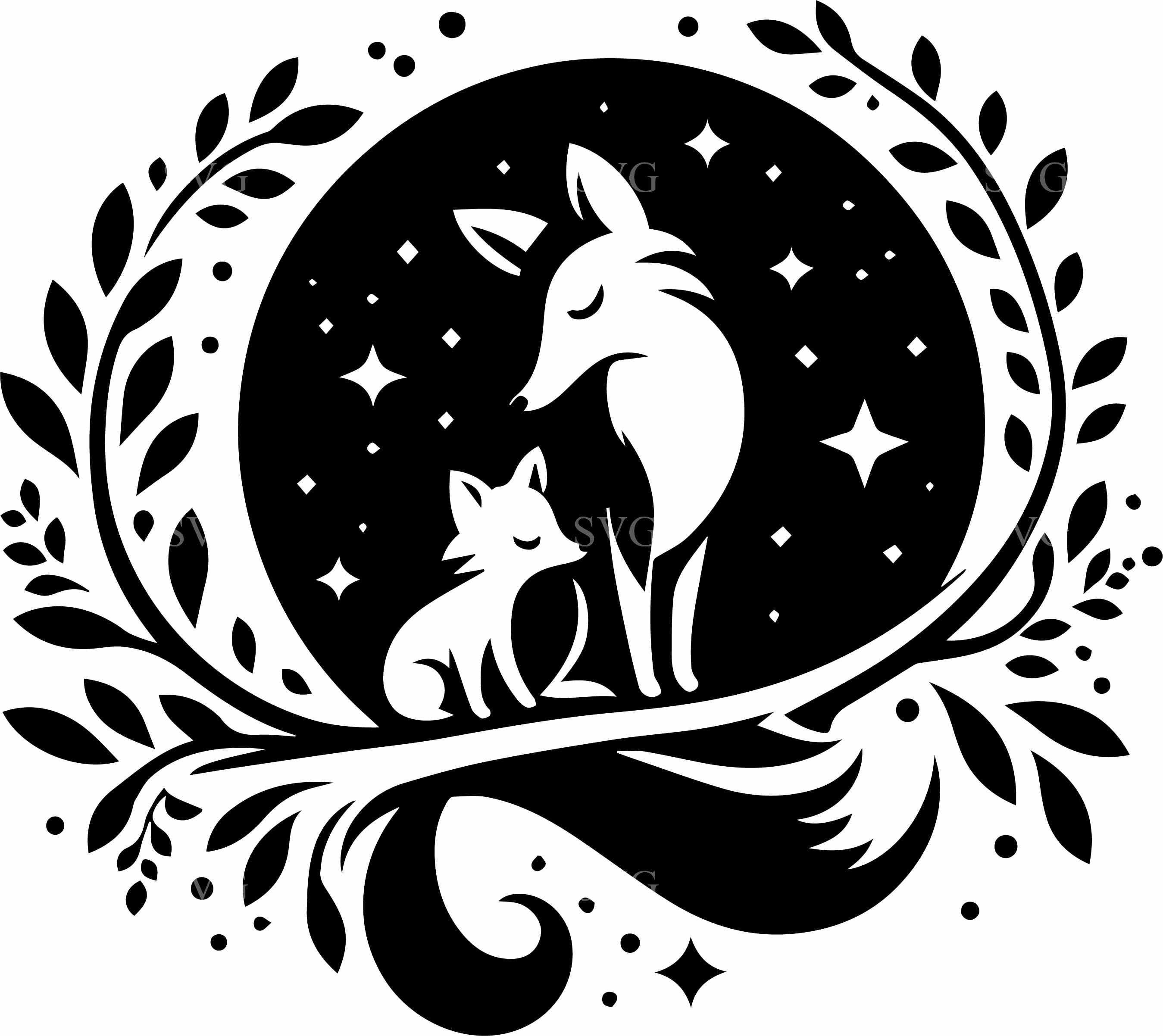 9 Fox Moon SVG – 9 Night Foxes Cut File With Stars and Leaves ...