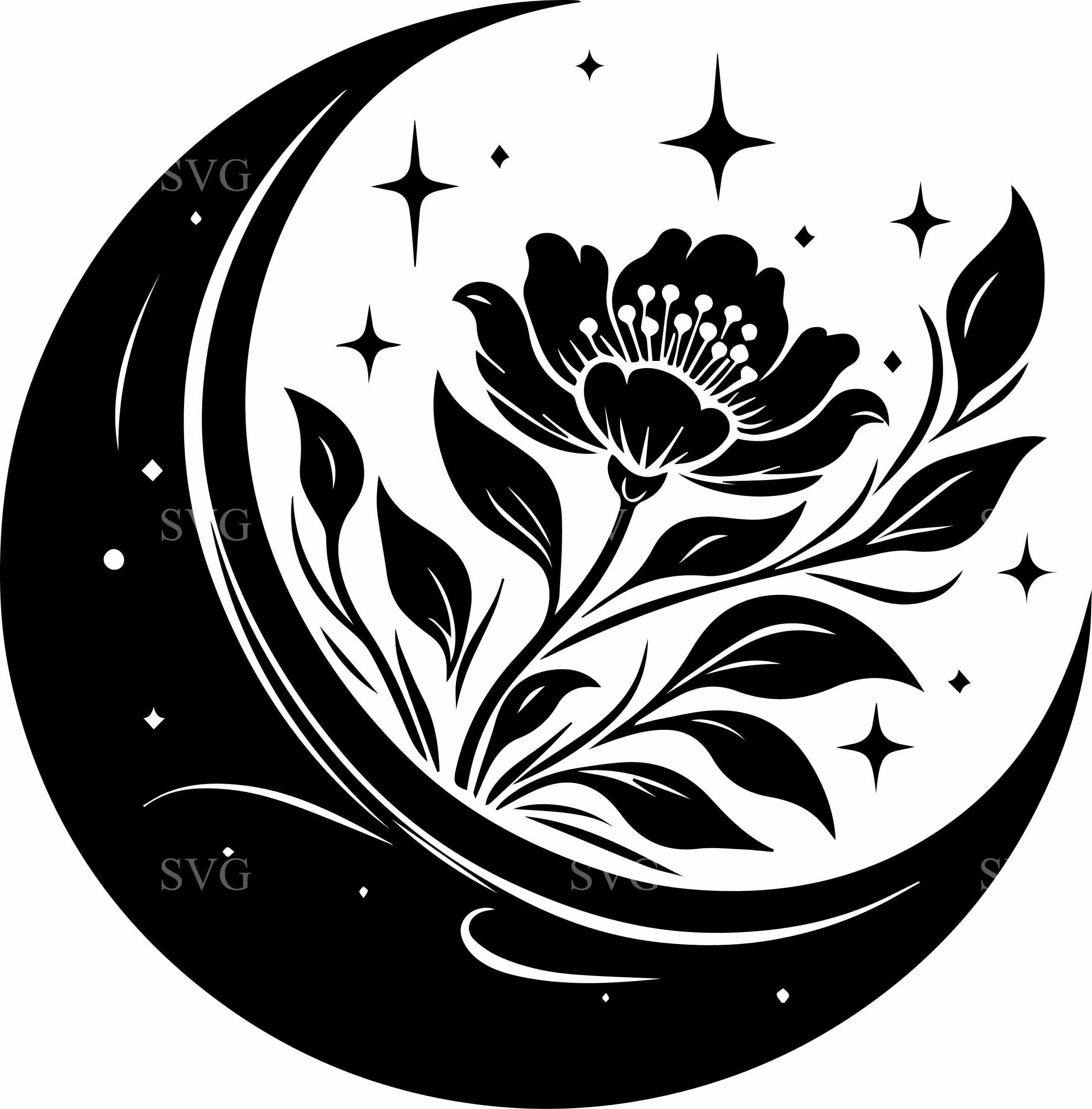 6 Celestial Flower Art – 6 Moon and Lily SVG Cut File – Floral Night ...