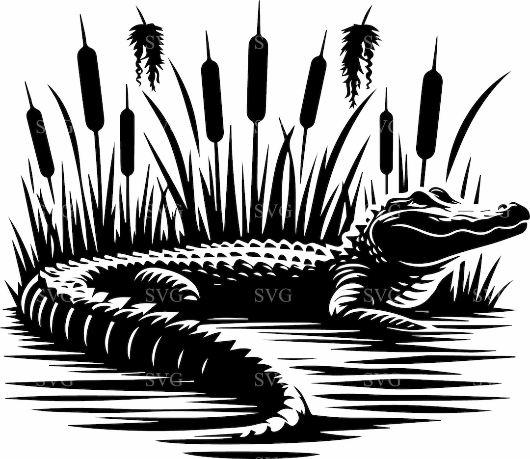 4 Alligator in Marsh SVG 4 Cut File - Wetlands Wildlife Design, Cattail ...