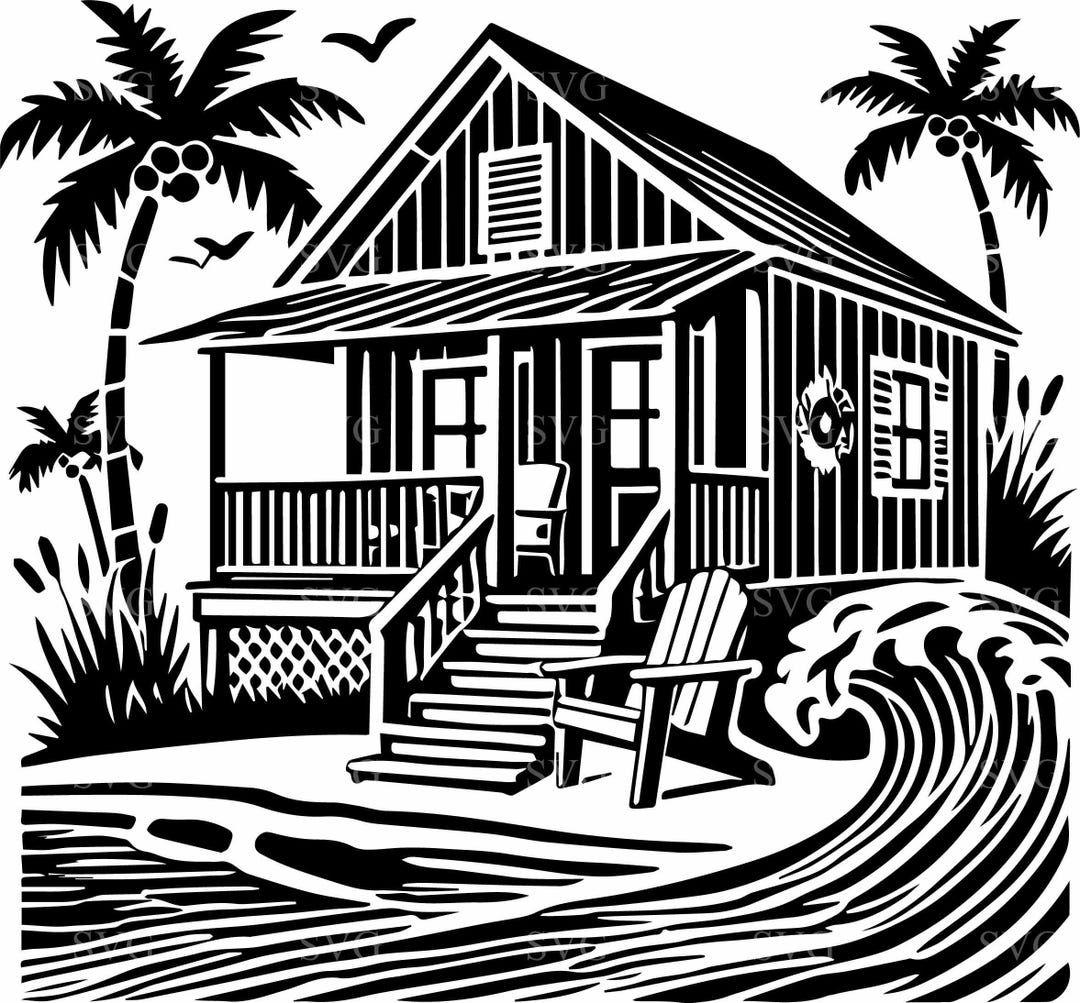 Beach Cottage SVG 6 Cut File, Tropical Cabin With Palm Trees and Waves ...