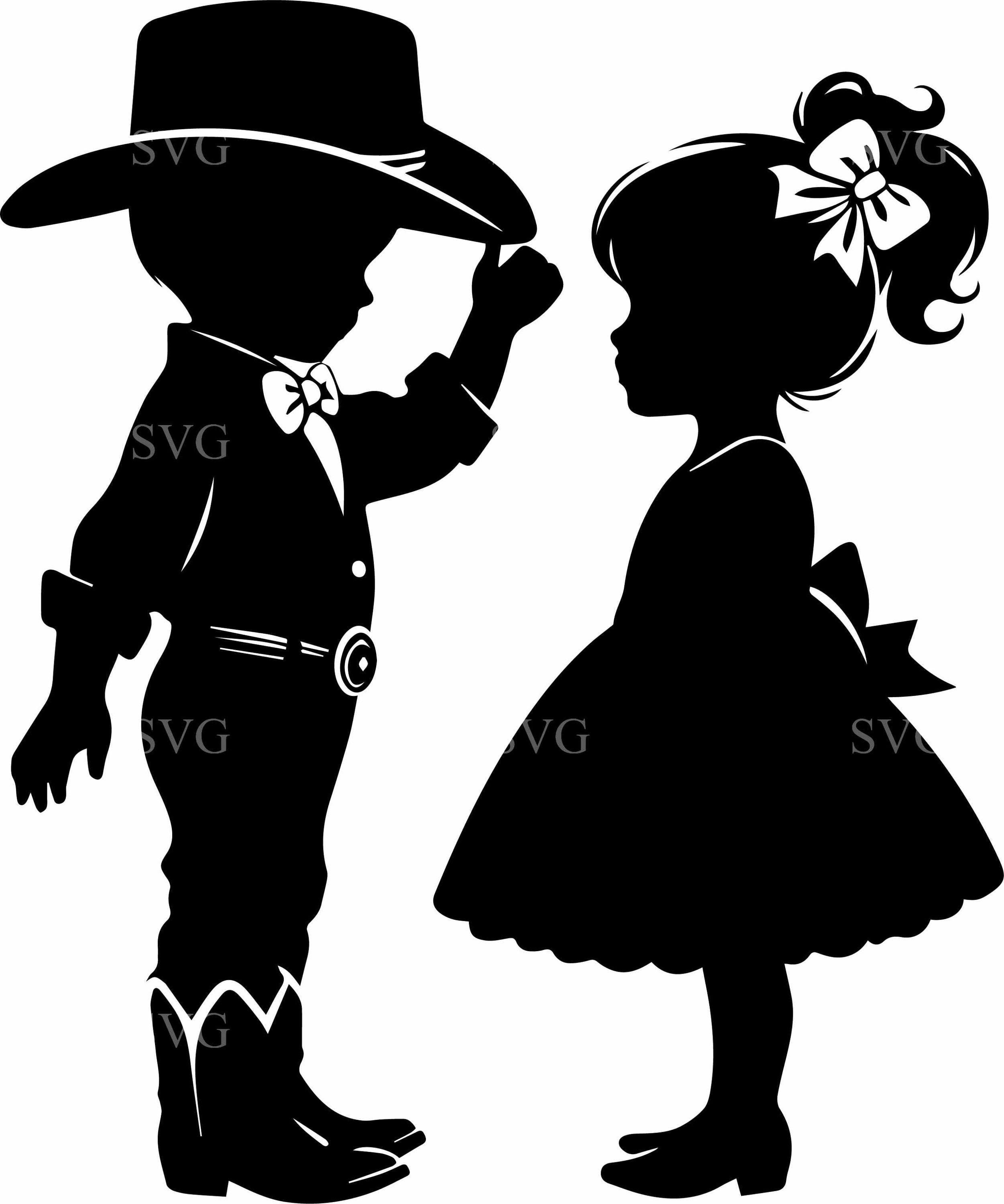 4 Vintage Kids Silhouette SVG – Boy Tipping Hat Girl Dress Sweet ...