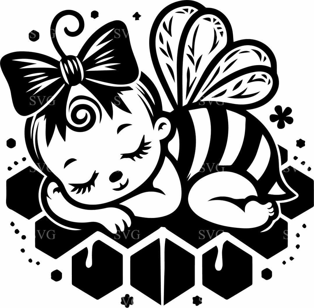 Baby Bee SVG 4 Cut File - Adorable Bumblebee With Bow on Honeycomb ...