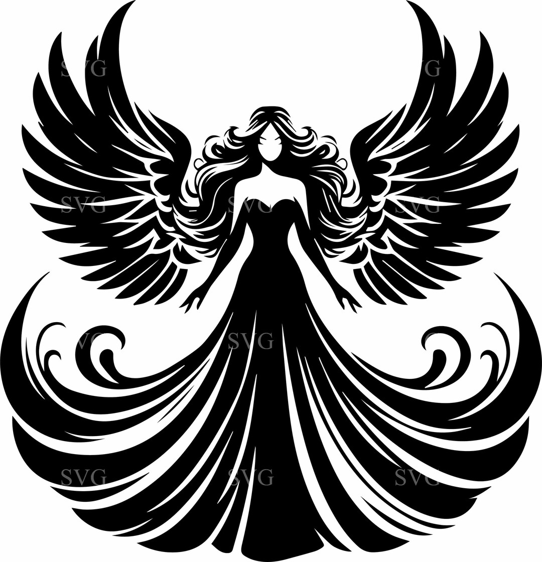 11 Elegant Winged Angel SVG – Halo Angel Silhouette Cut File Flowing ...