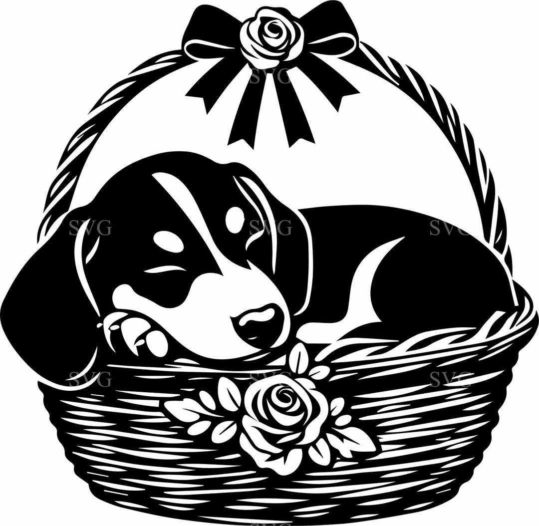 6 Beagle Puppy SVG, 6 Adorable Dog in Basket With Bow and Flowers Cut ...