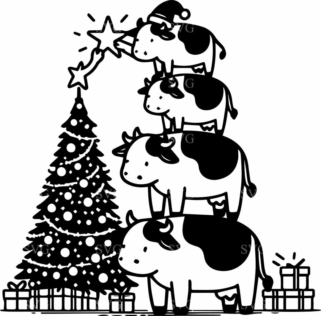 Christmas Cow Pyramid SVG, 4 Stack of Cows Decorating Christmas Tree ...