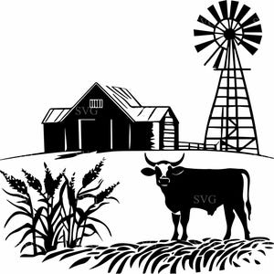 4 Farm Scene SVG Cut File With Barn, Windmill, Cow and Calf, Country ...