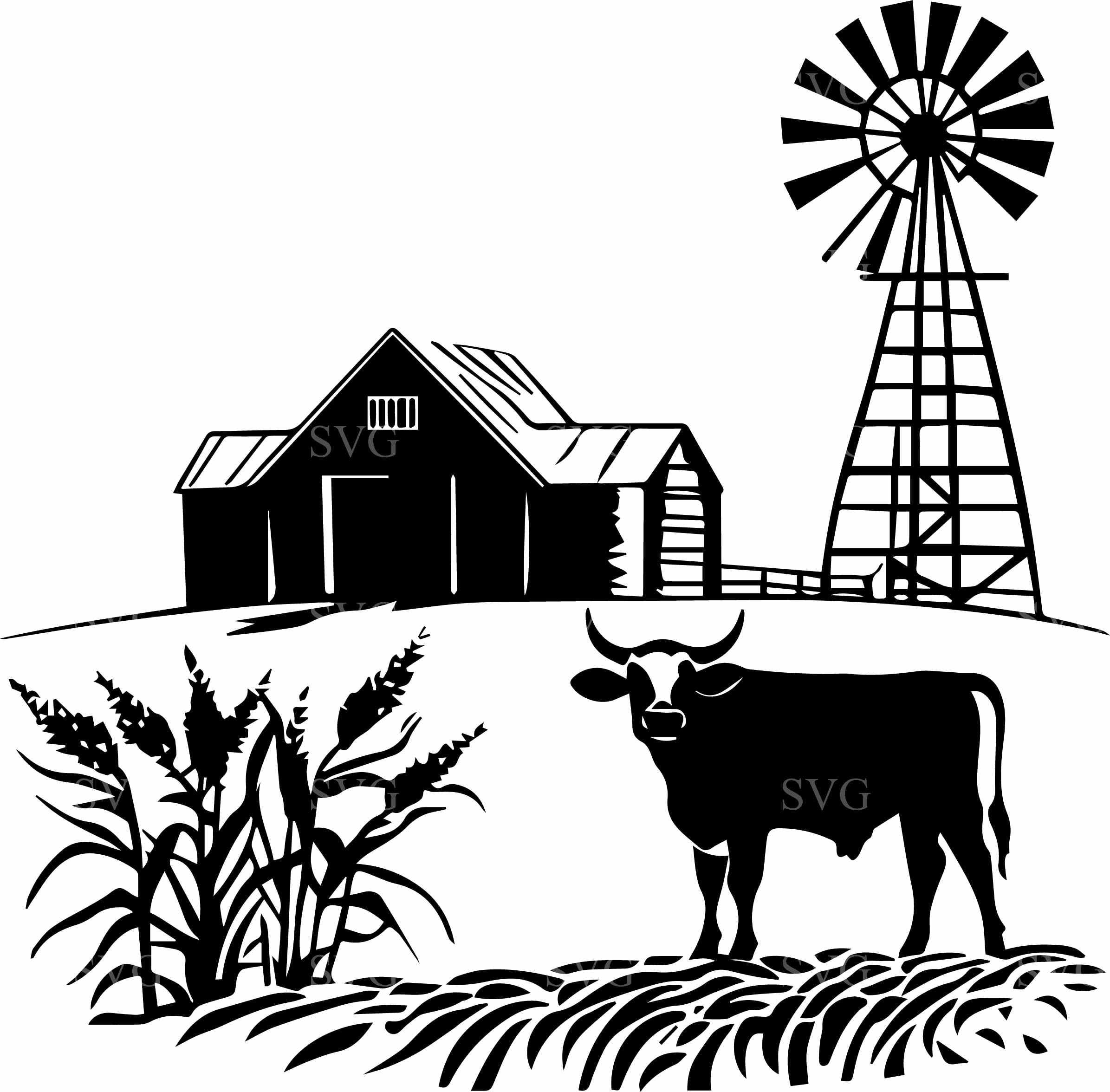 4 Farm Scene SVG Cut File With Barn, Windmill, Cow and Calf, Country ...