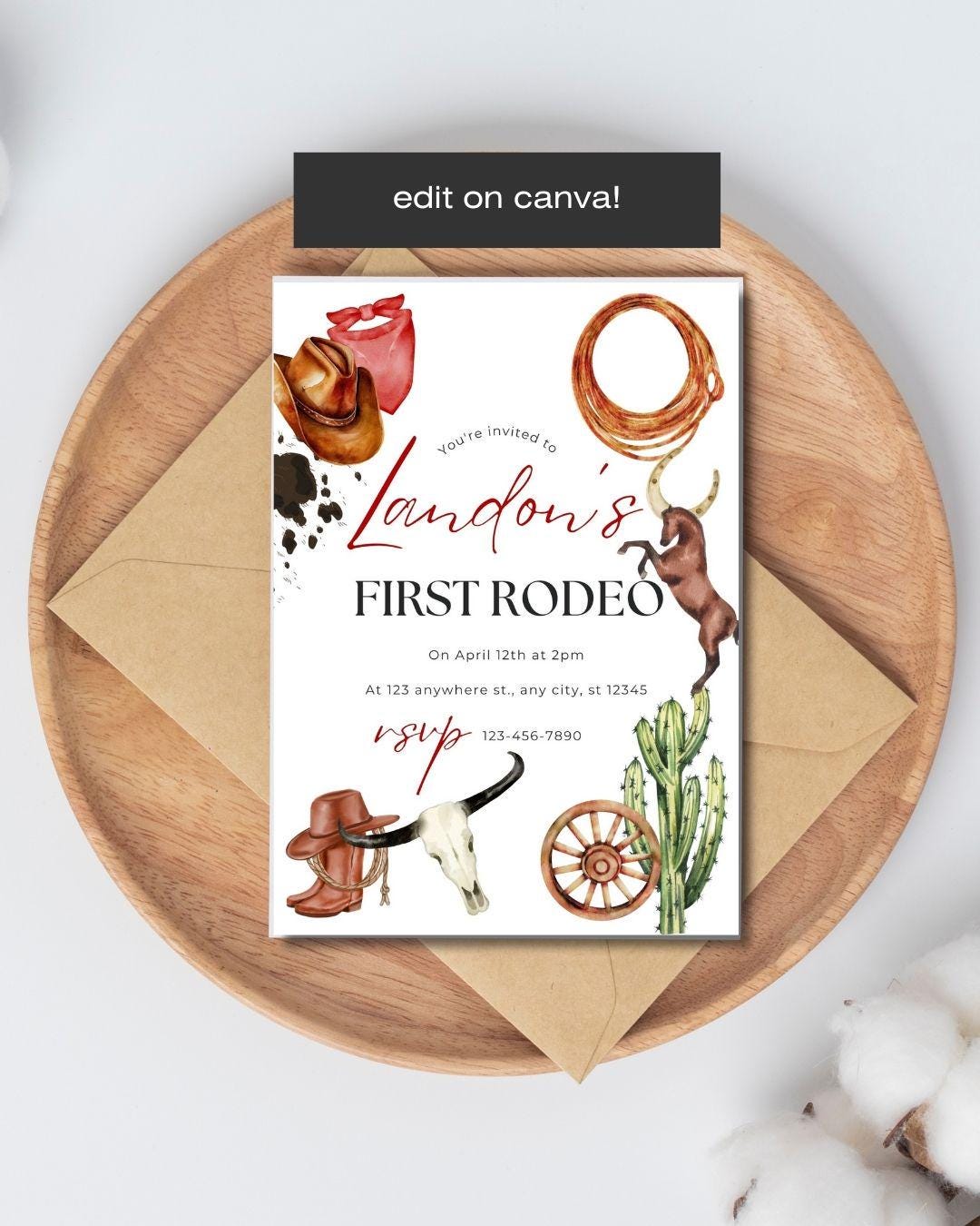 Editable Cowboy First Rodeo Boy Birthday Invitation: Personalized ...