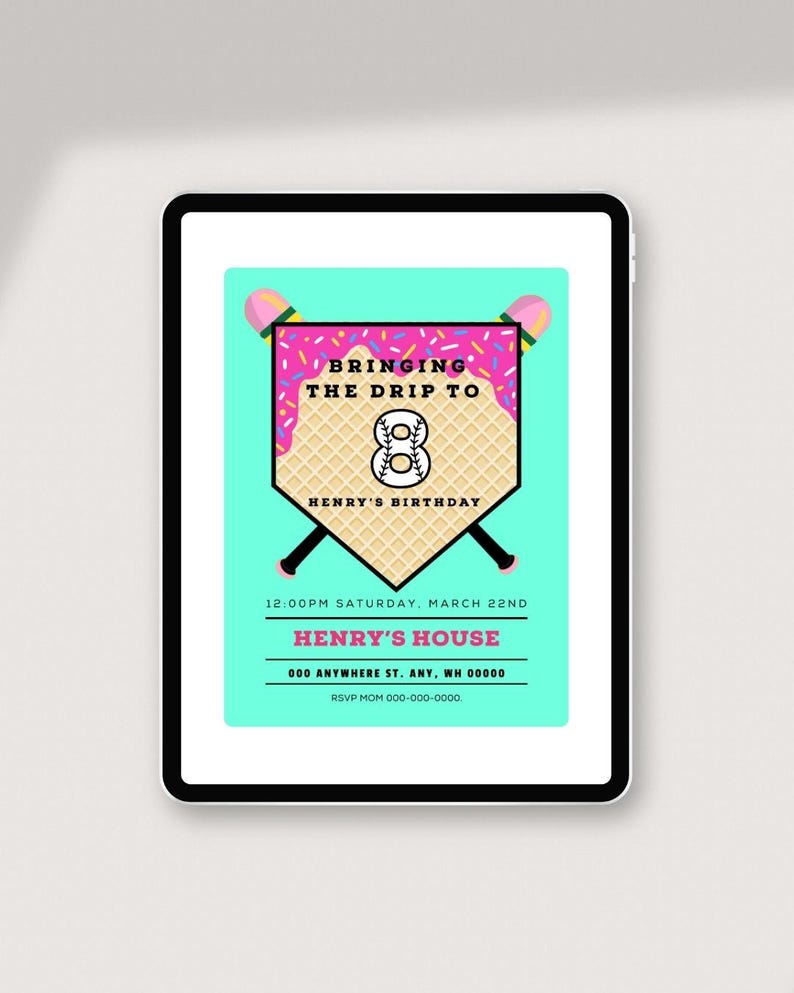 Customizable Waffle Cone Baseball Bat Drip Birthday Invitation ...
