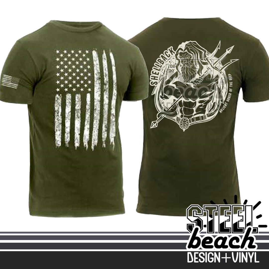 Shellback Tee - OD Green Distressed Flag Shirt - Military Pride Tshirt ...