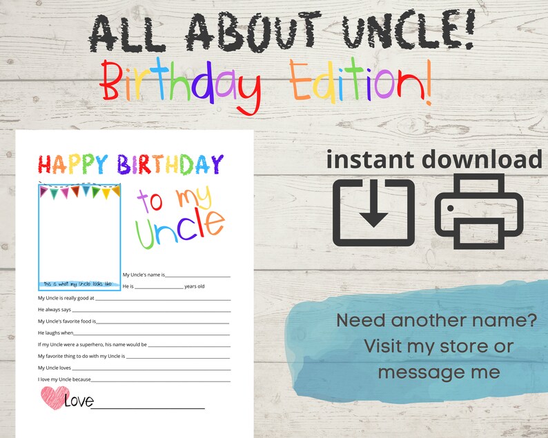 All About My Uncle - Happy Birthday - Printable - Questionnaire ...