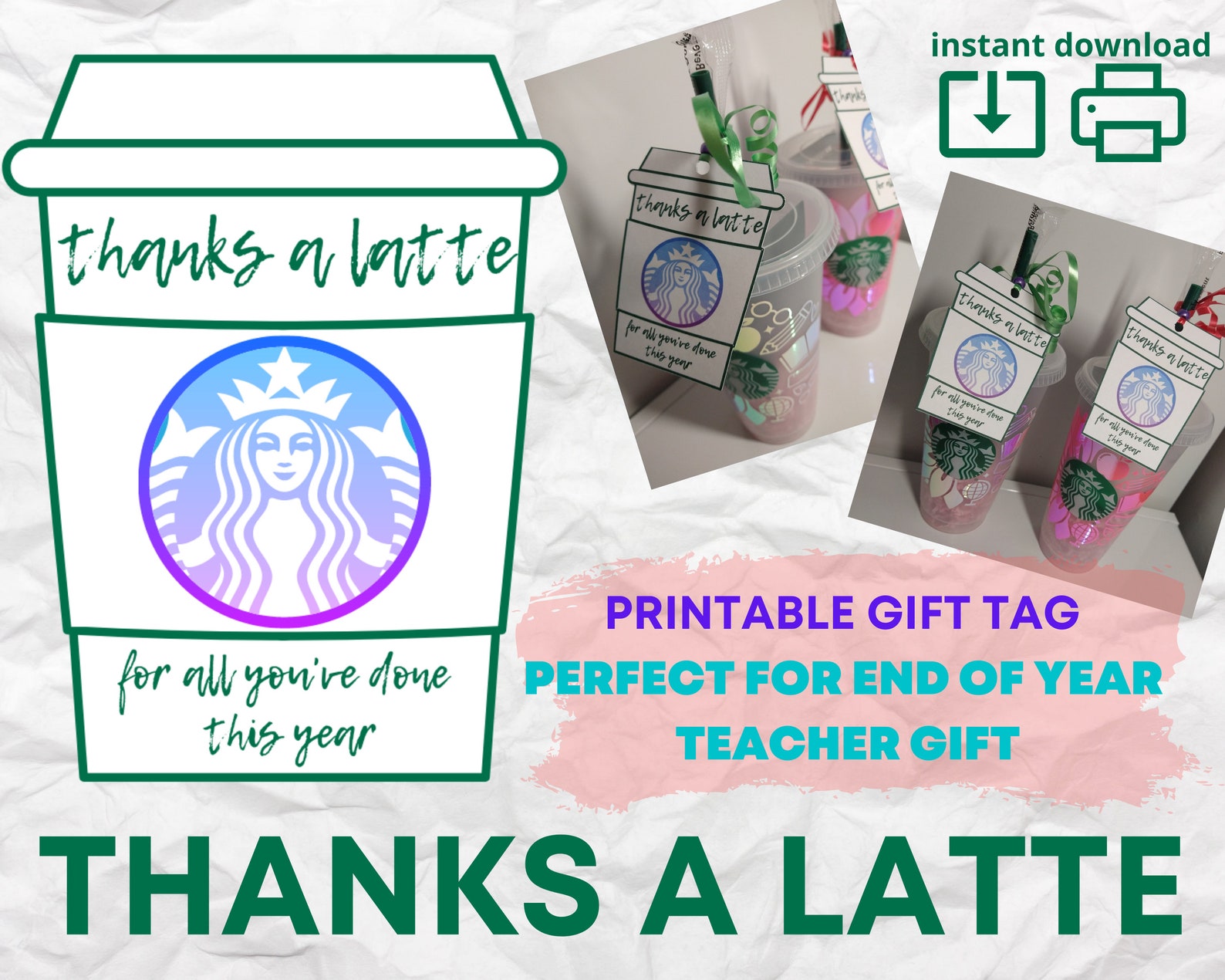 Thanks A Latte Printable Tag SVG PNG PDF Instant Digital Download Gift ...