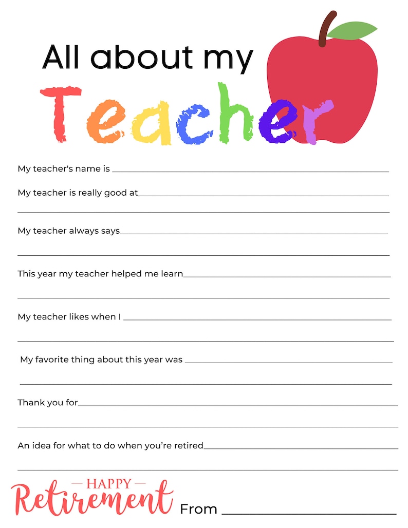 All About My RETIRING Teacher Printable - End of Year Gift - Thank You ...