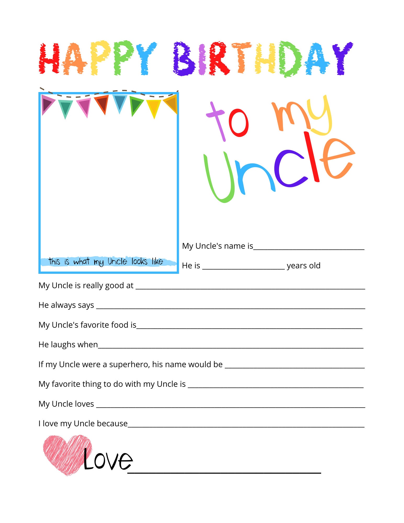 All About My Uncle - Happy Birthday - Printable - Questionnaire ...