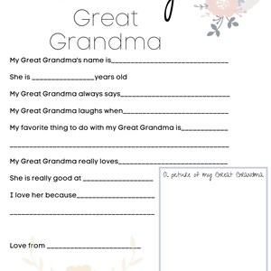 I Love My Great Grandma, Mother's Day Questionnaire, Survey, Fill in ...