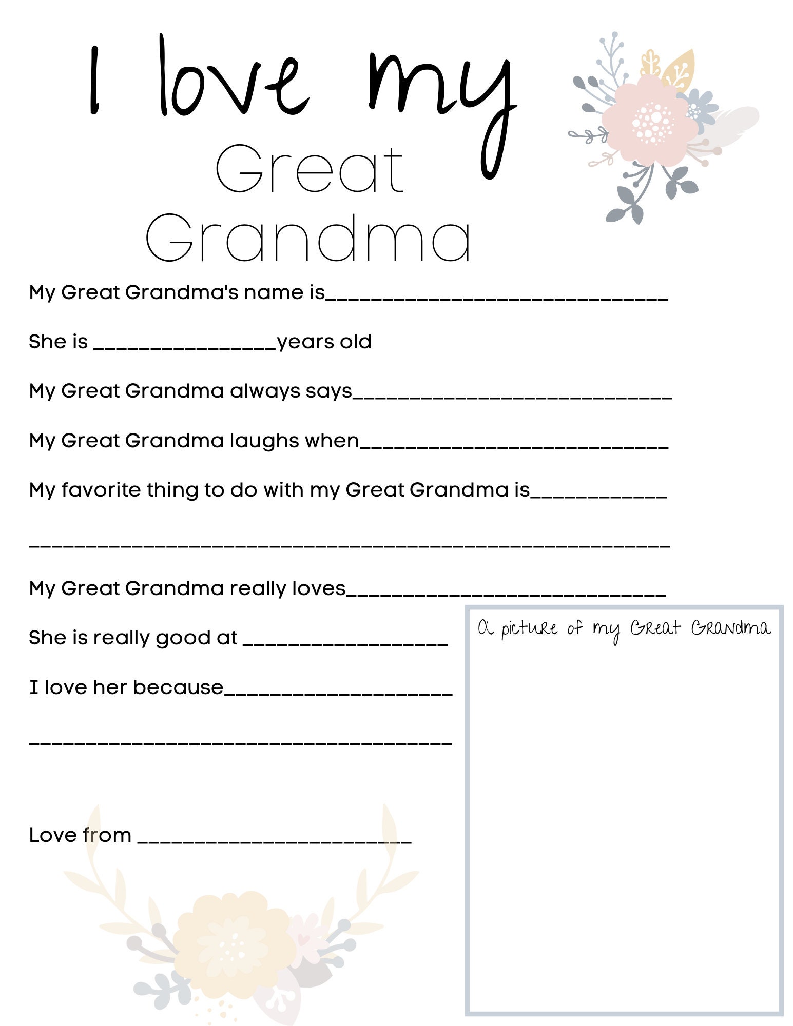 I Love My Great Grandma, Mother's Day Questionnaire, Survey, Fill in ...