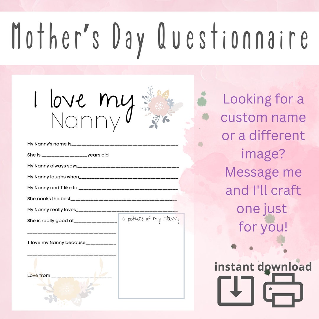 Nanny Mother's Day Questionnaire: Fillable Printable Gift (PDF, PNG) - Etsy