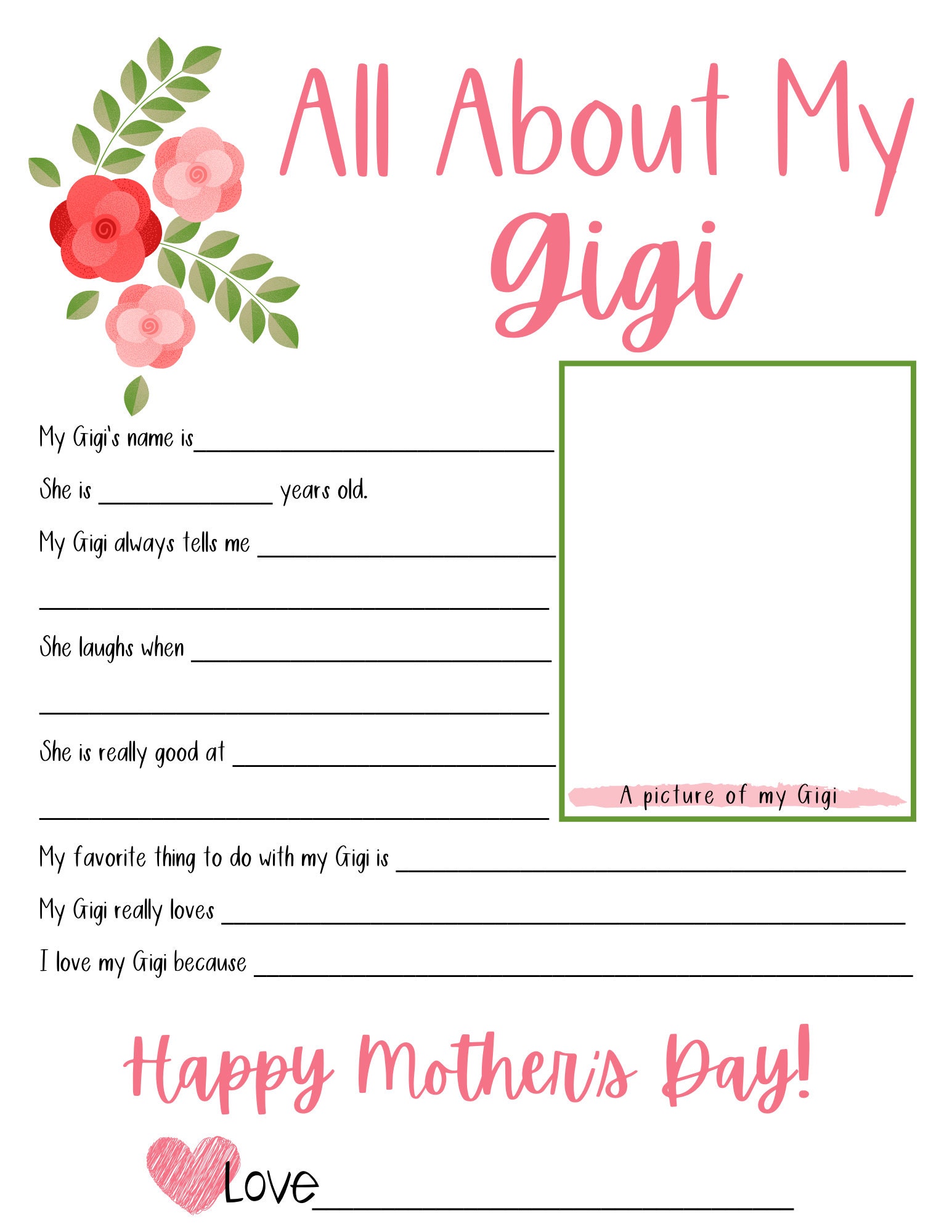 All About My Gigi, Mother's Day Questionnaire, Grandma, Survey ...