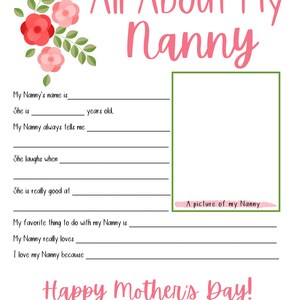 All About My Nanny, Mother's Day Questionnaire, Survey, Questions, Fill ...