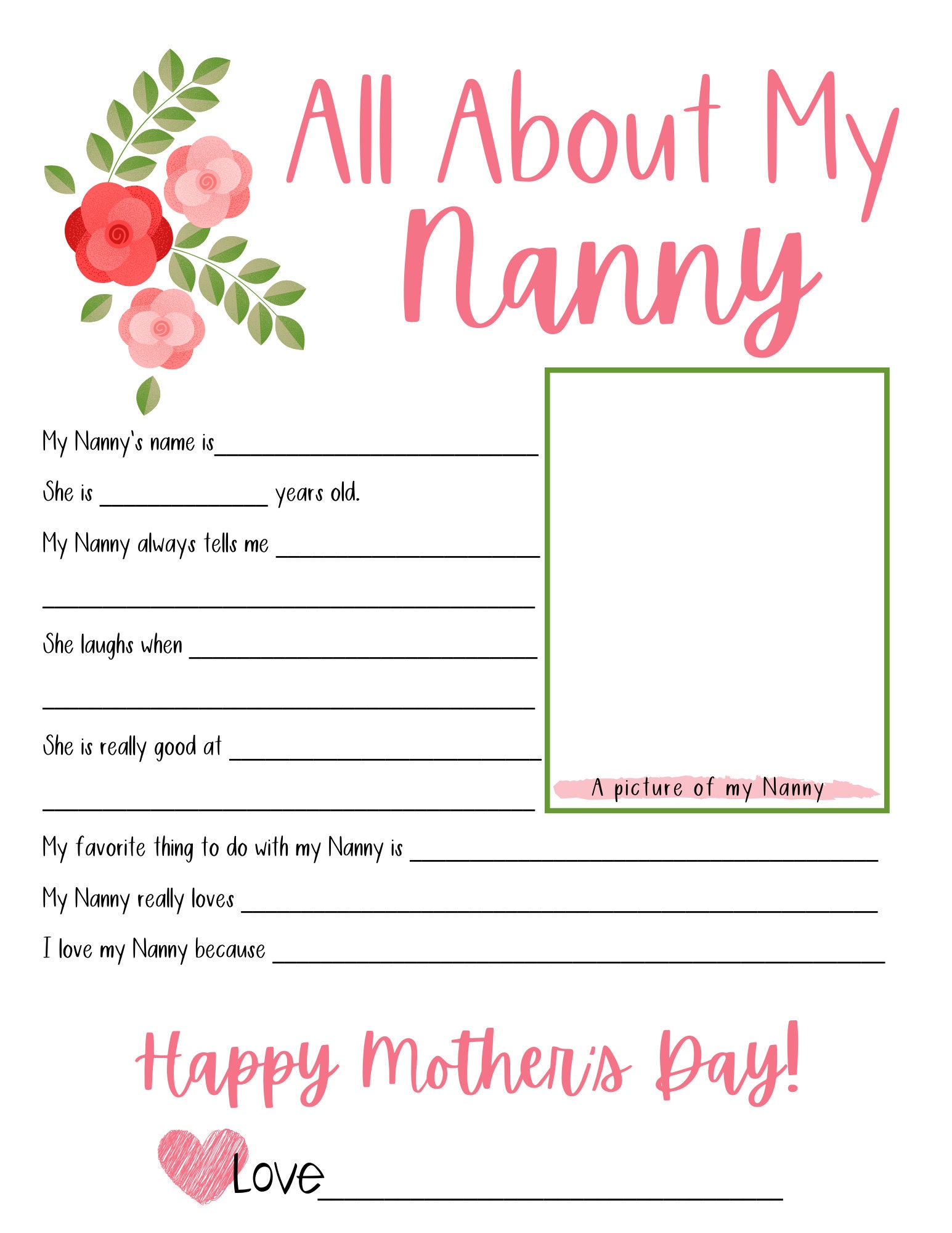 All About My Nanny, Mother's Day Questionnaire, Survey, Questions, Fill ...