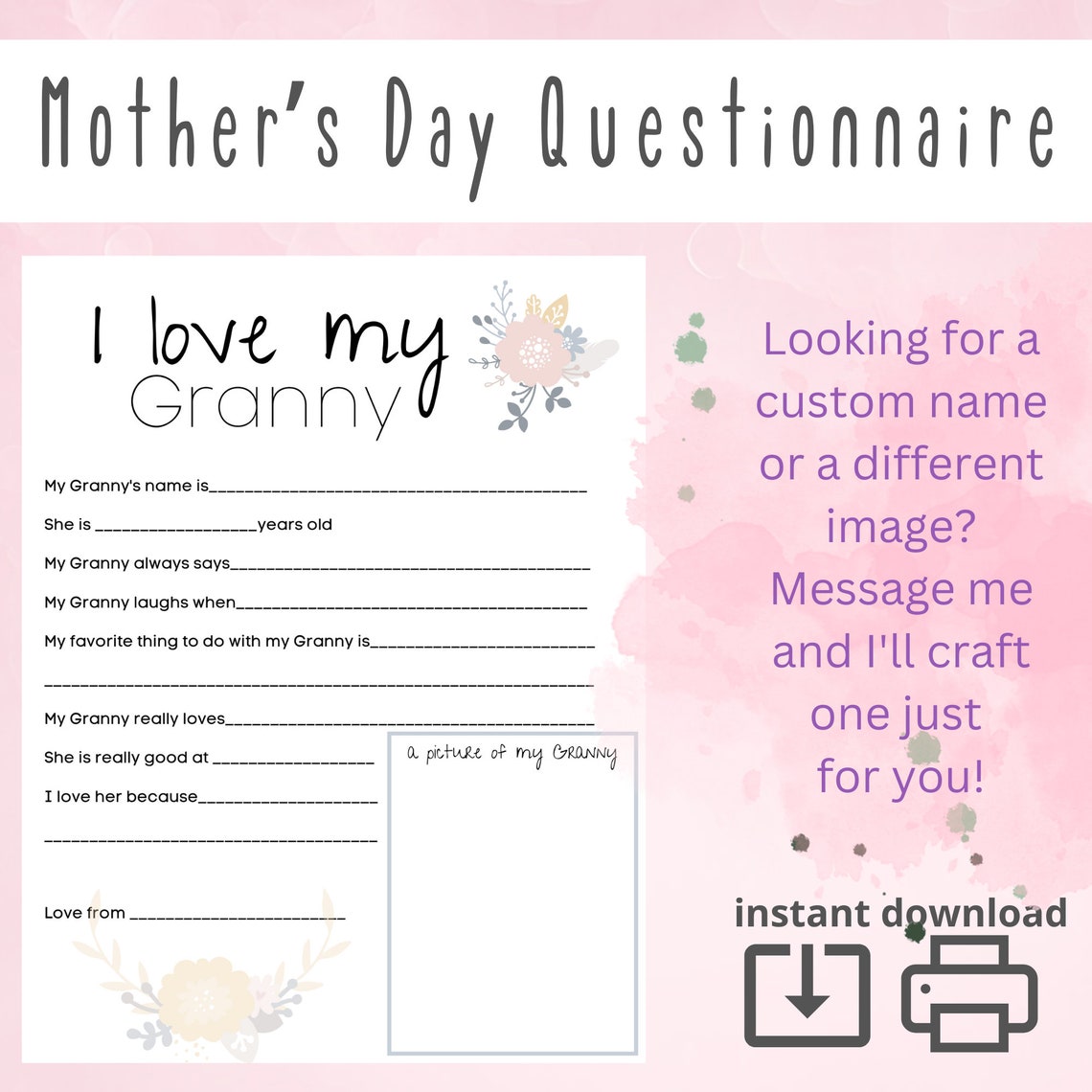 I Love My Granny, Mother's Day Questionnaire, Mothers Day Survey ...