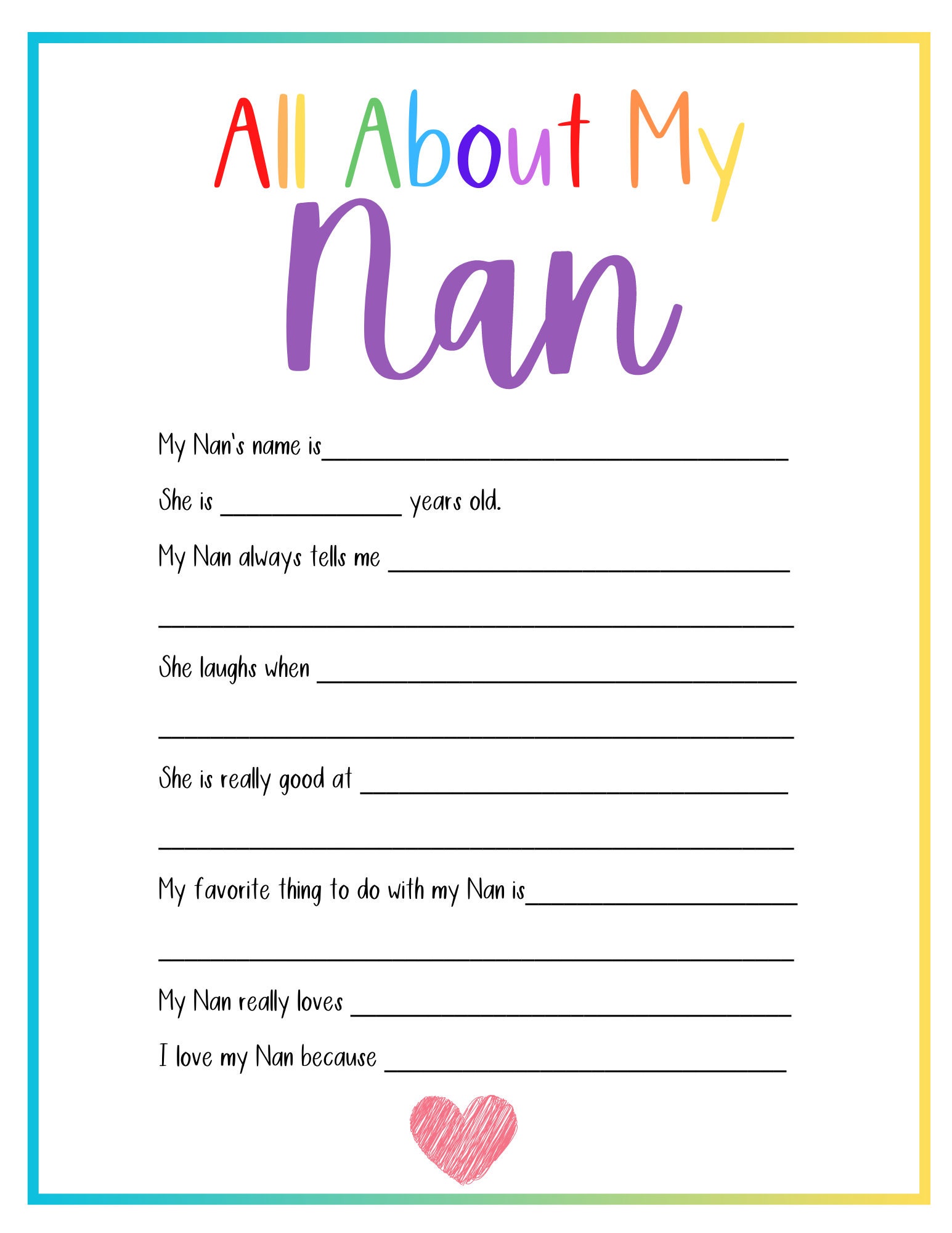 Happy Birthday Nan Printable Gift From Child Keepsake Book Birthday ...