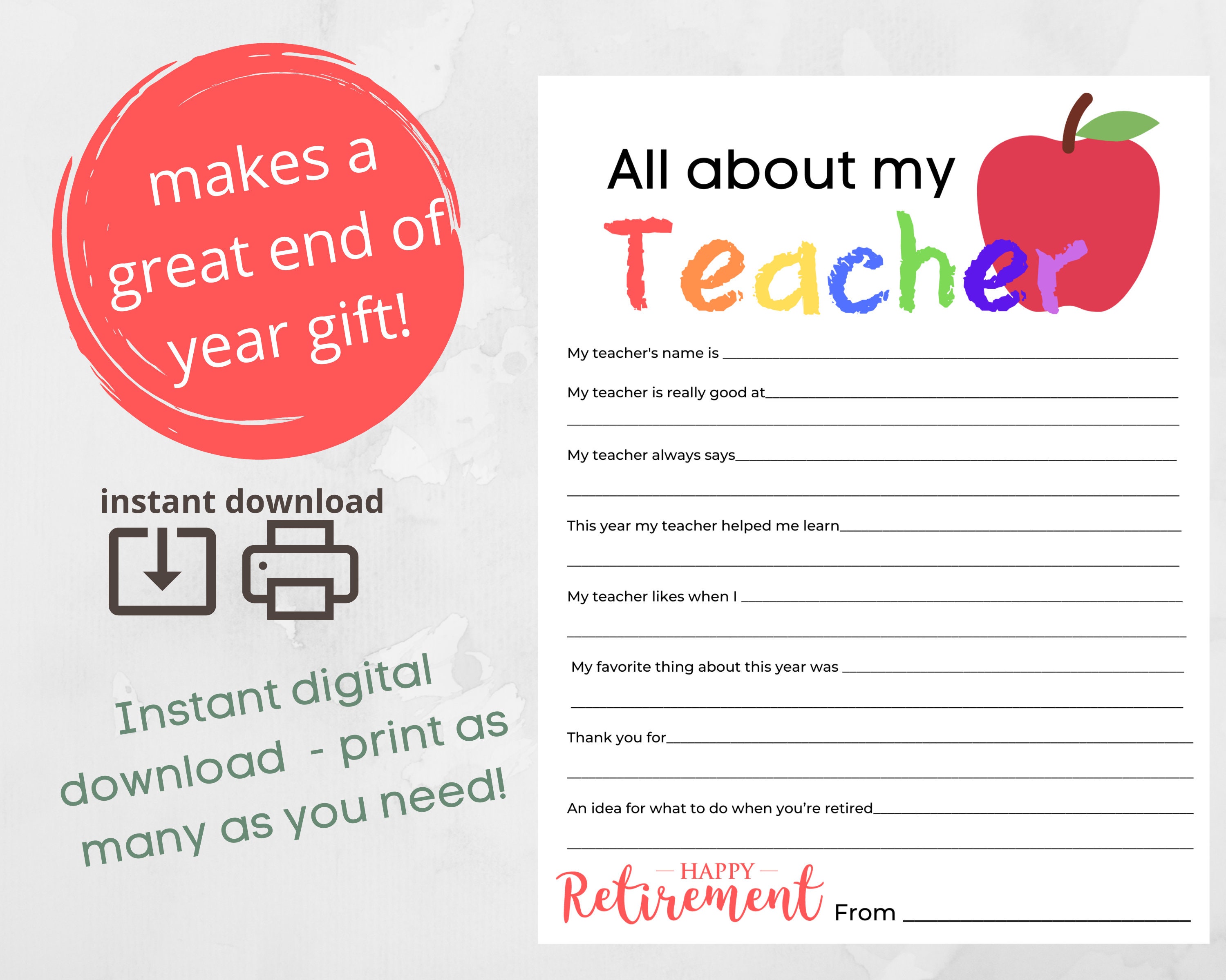 All About My RETIRING Teacher Printable - End of Year Gift - Thank You ...