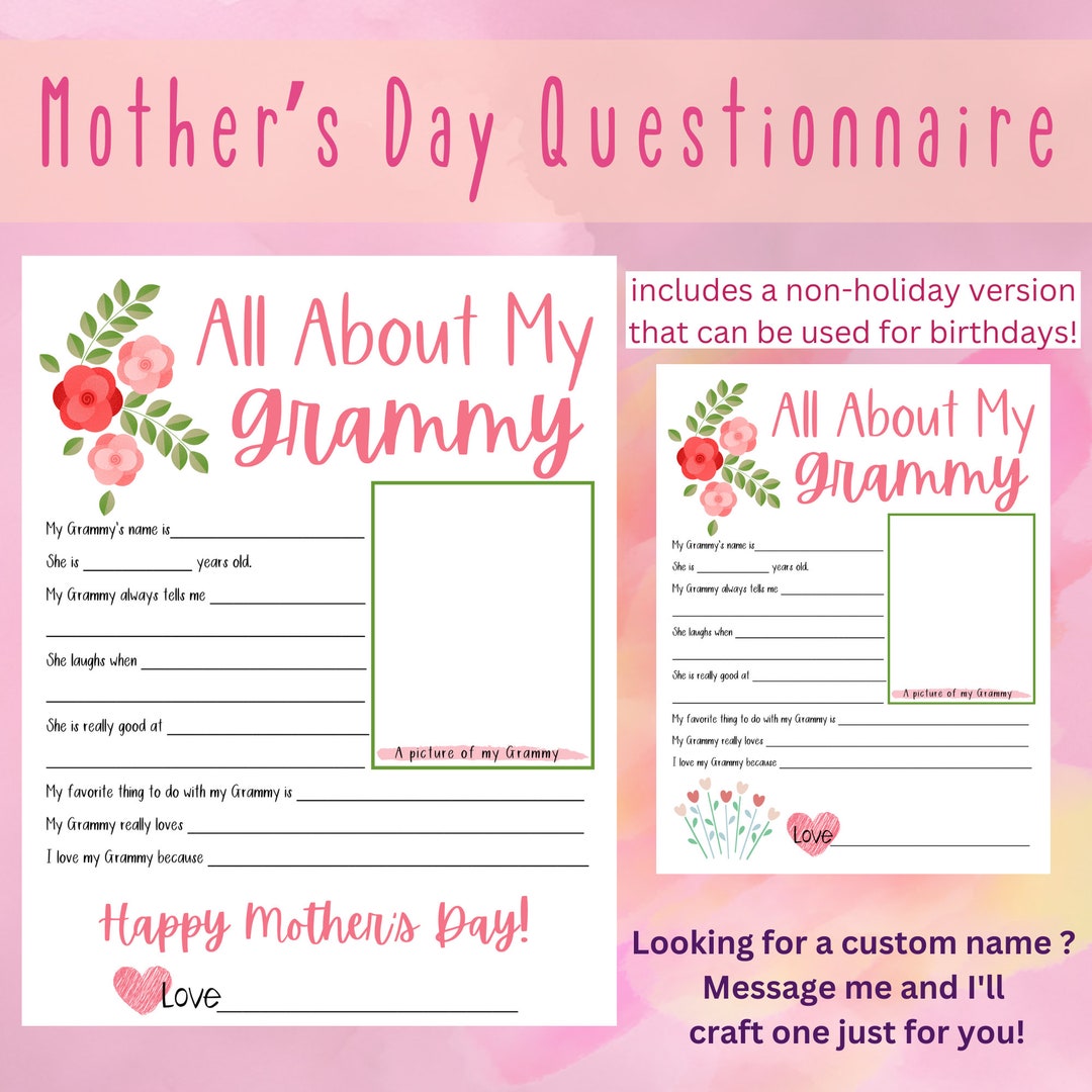 All About My Grammy, Mother's Day Questionnaire, Survey, Questions ...