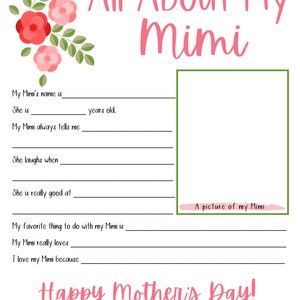 All About My Mimi, Mother's Day Questionnaire, Grandma, Survey ...