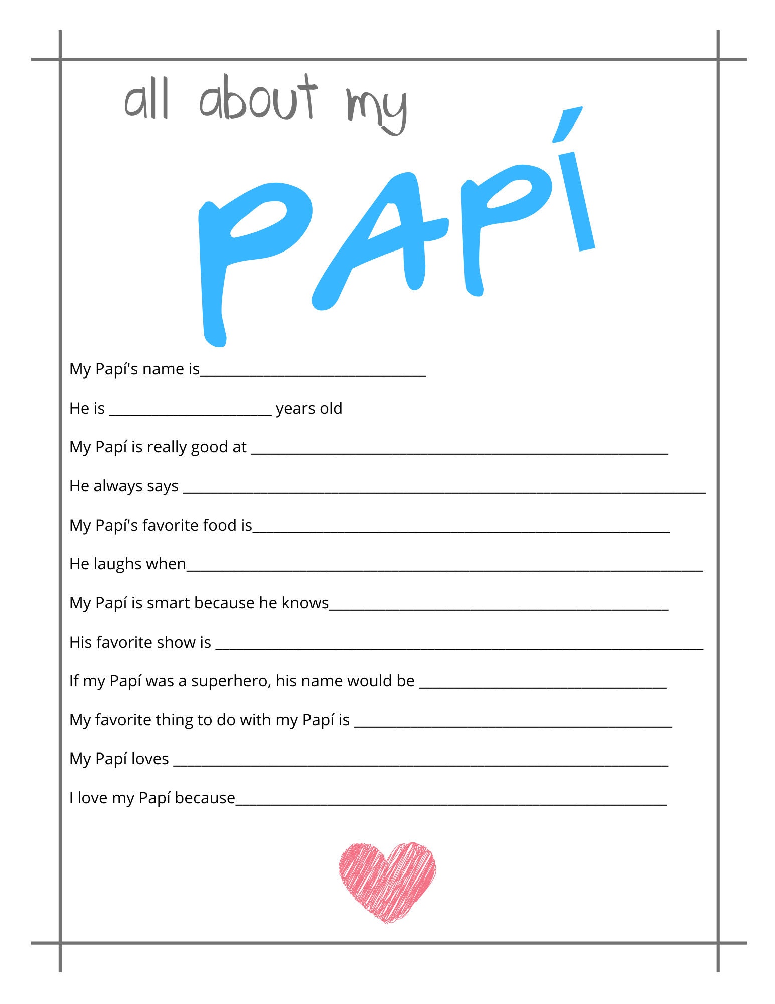 All About My Papi Fathers Day Printable Book Father's Day DIY Gift Fill ...