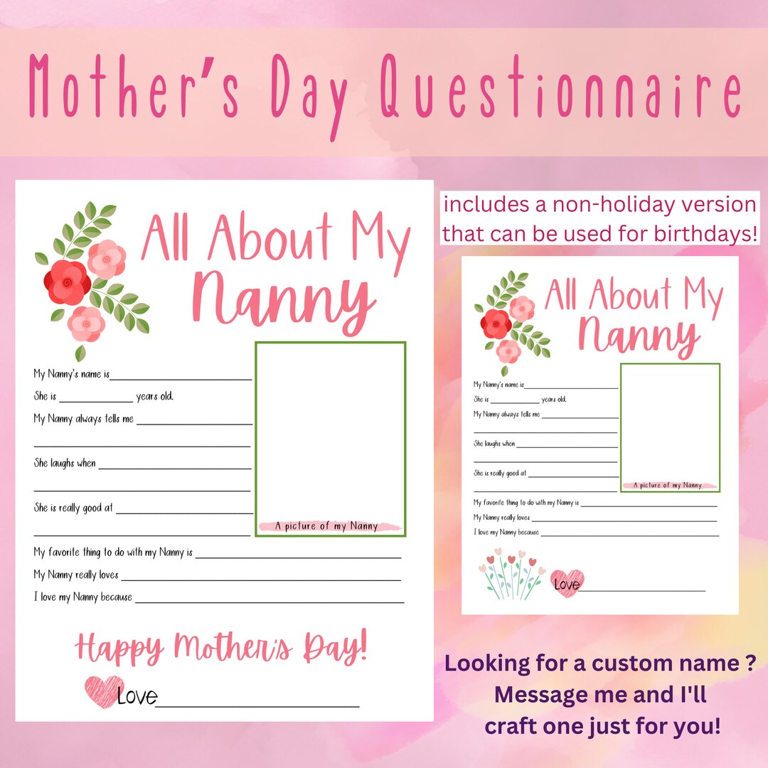 All About My Nanny, Mother's Day Questionnaire, Survey, Questions, Fill ...