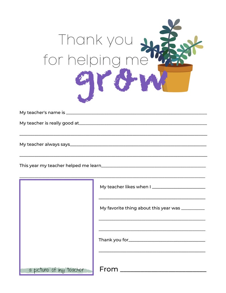 Thanks for Helping Me Grow All About My Teacher Printable End of Year ...