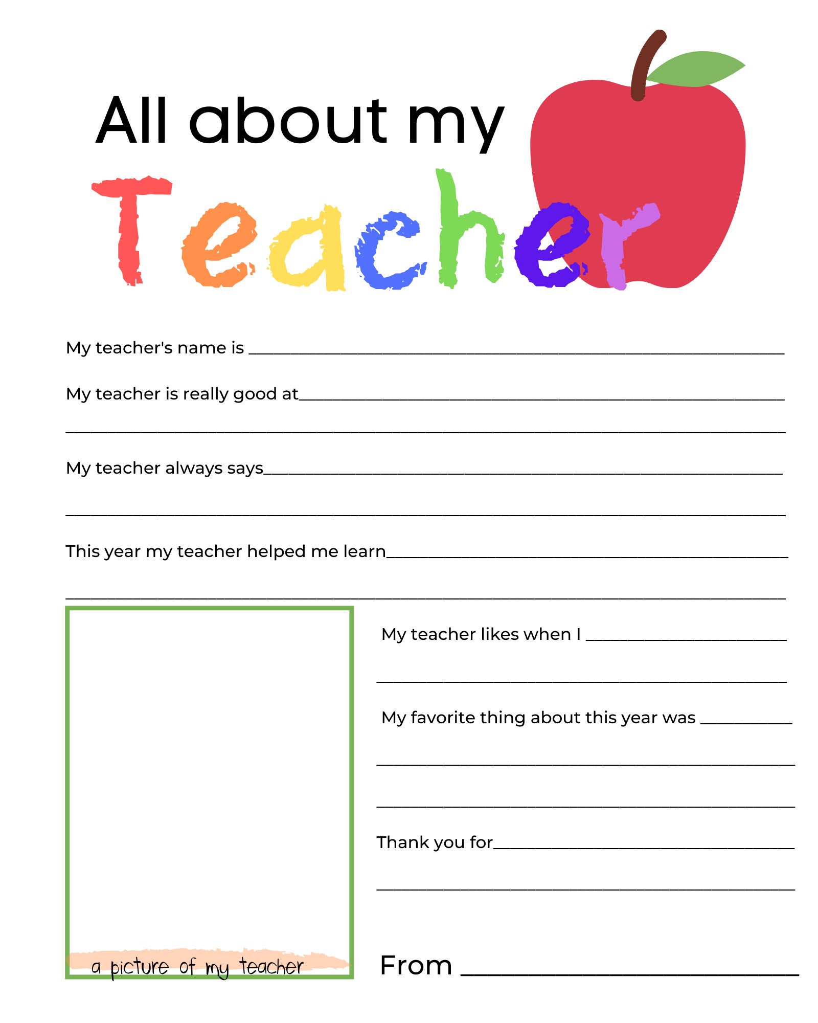 All About My Teacher Printable End Of Year Gift Thank You | Etsy