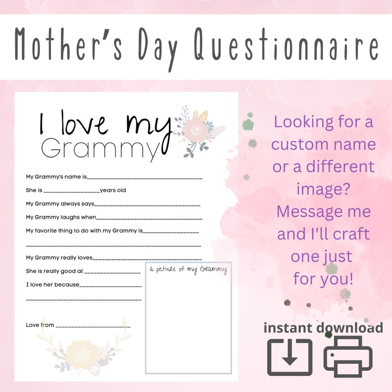 I Love My Grammy, Mother's Day Questionnaire, Fill in the Blanks ...