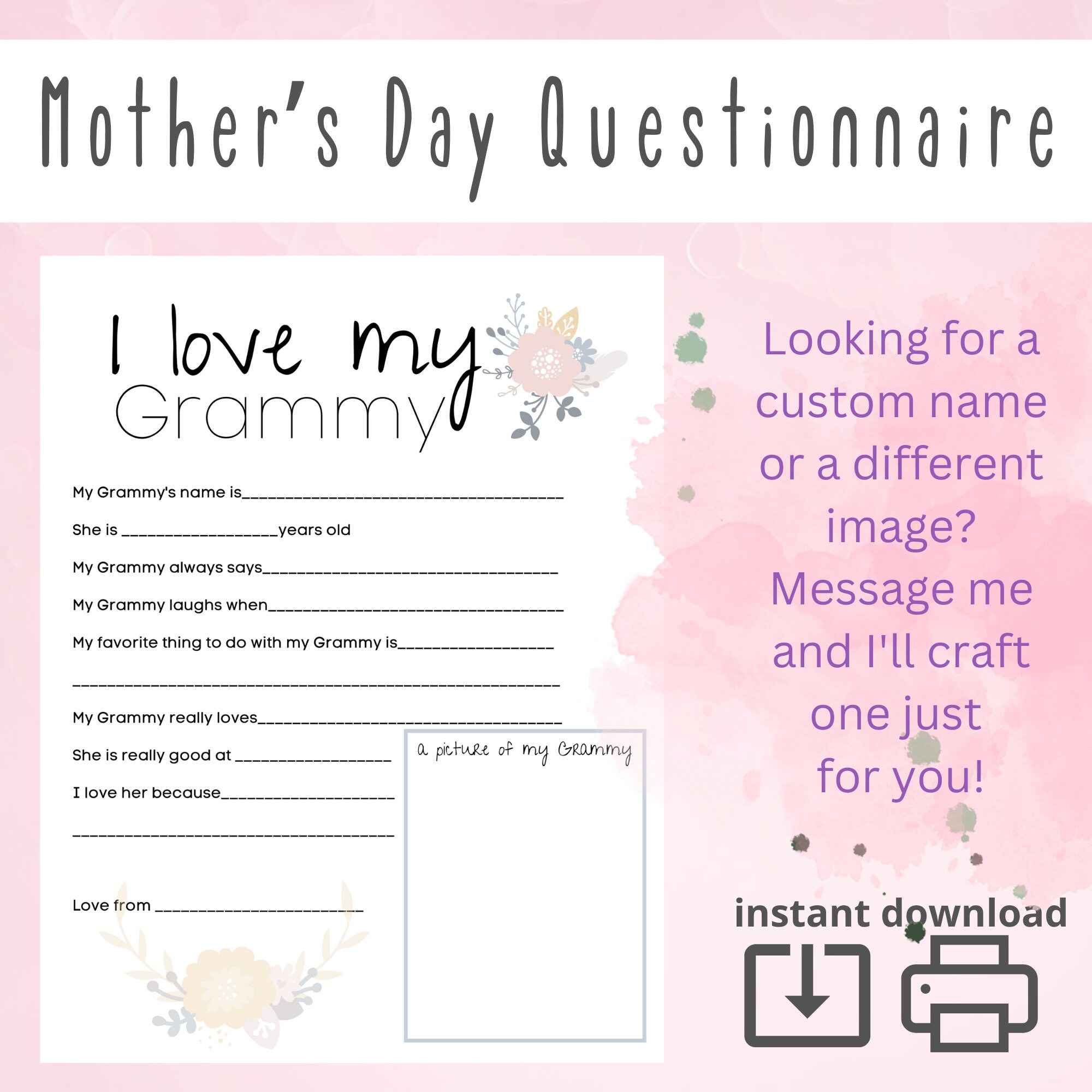 I Love My Grammy, Mother's Day Questionnaire, Fill in the Blanks ...