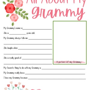 All About My Grammy, Mother's Day Questionnaire, Survey, Questions ...