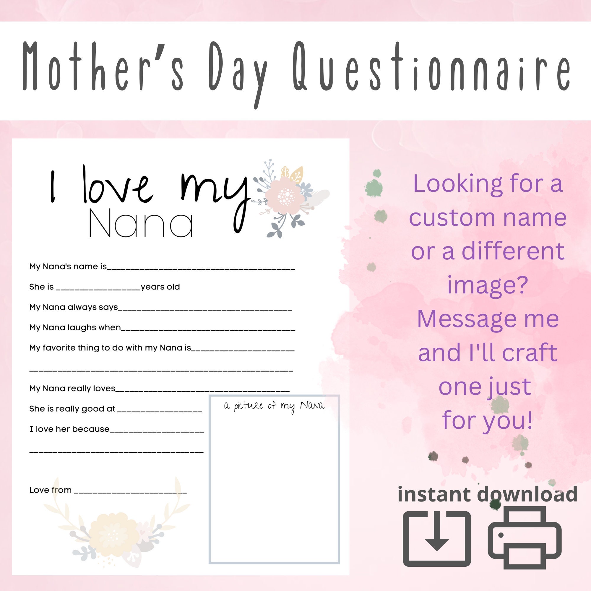 I Love My Nana, Mother's Day Questionnaire, Survey, Questions, Fill in ...