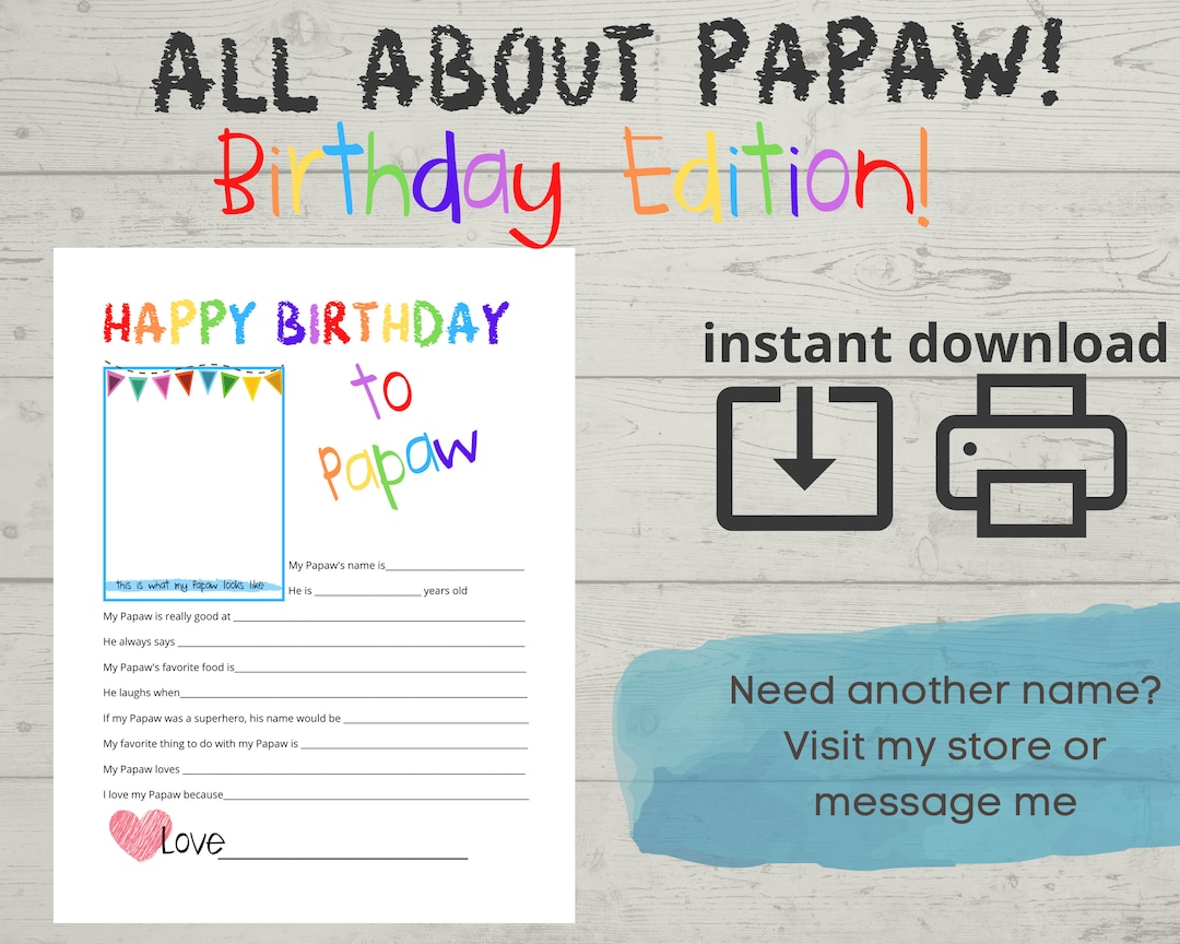 All About My Papaw - Happy Birthday - Printable - Questionnaire ...