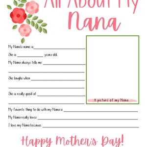 All About My Nana, Mother's Day Questionnaire, Grandma, Survey ...