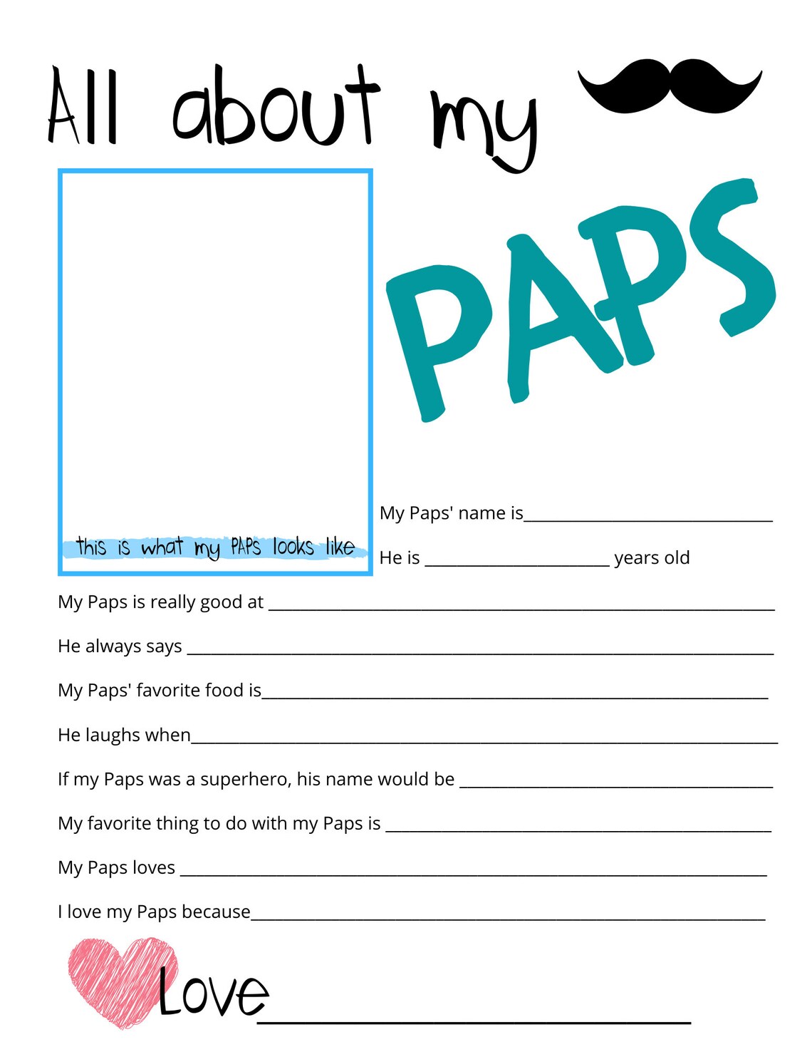 All About My Paps Father's Day Questionnaire Fathers - Etsy