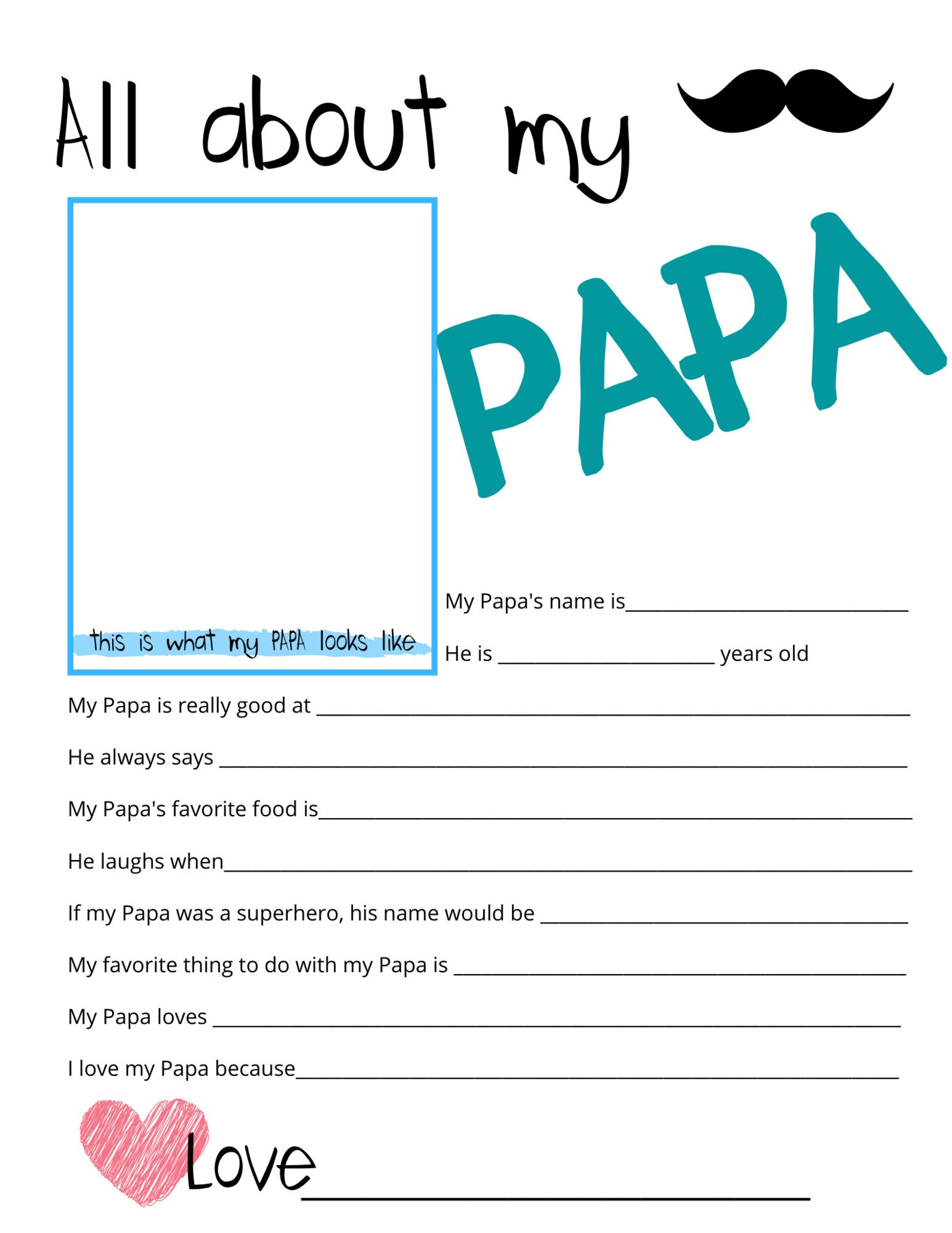 Father's Day Questionnaire – All About My Papa Fill-in Printable ...
