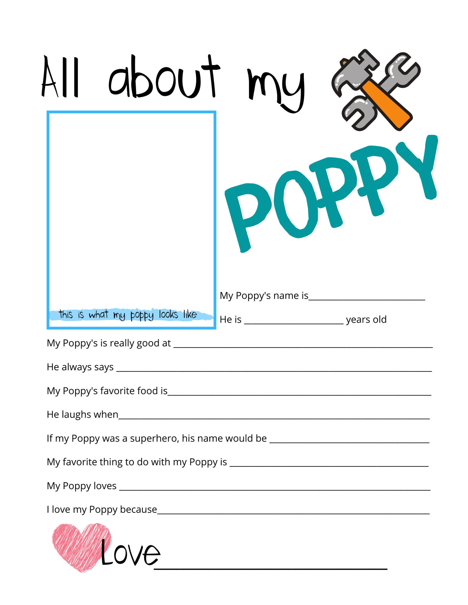 All About My Poppy Father's Day Questionnaire Fathers Day Survey ...